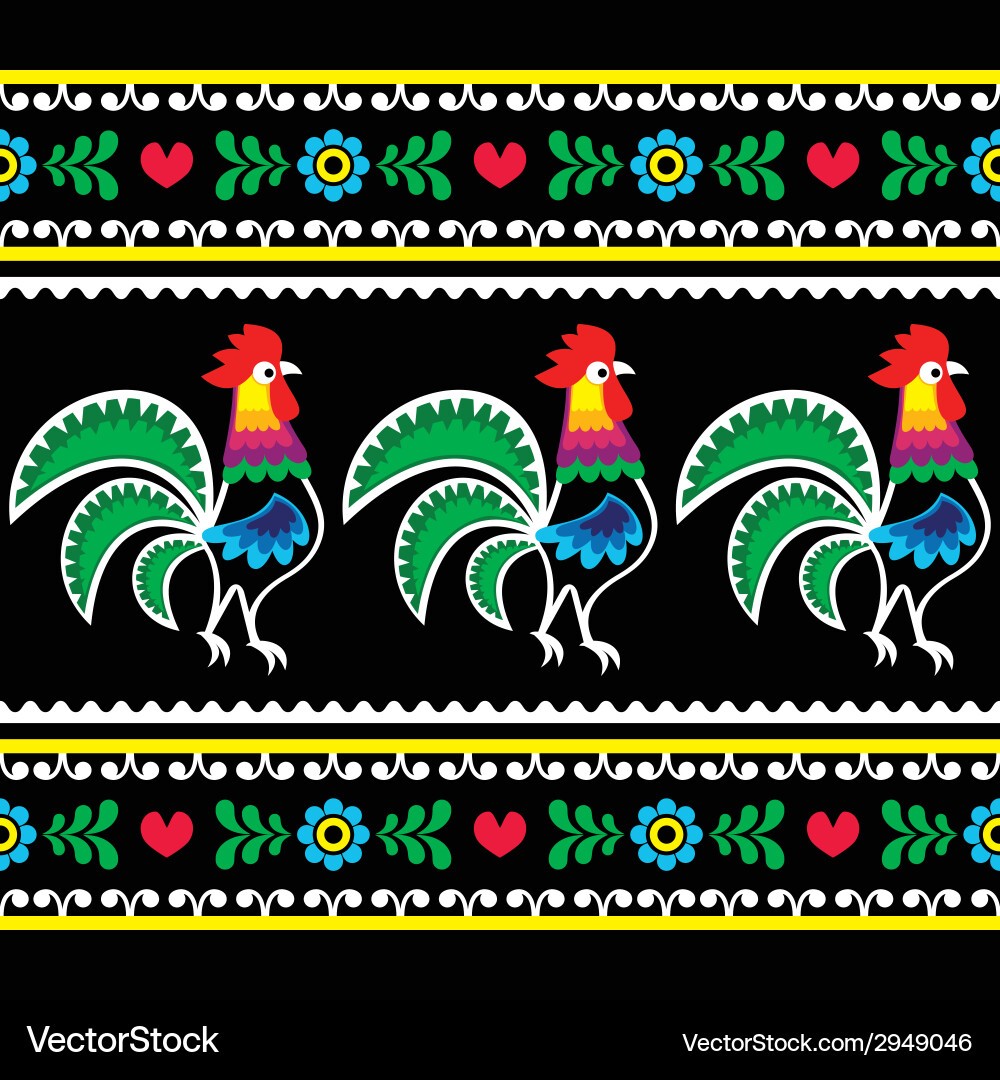 Polish folk art pattern with roosters on black Vector Image