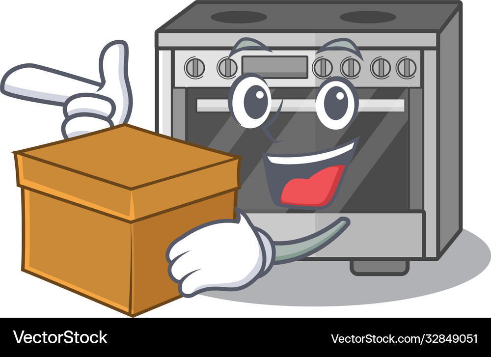 Cute kitchen stove cartoon character having a box Vector Image