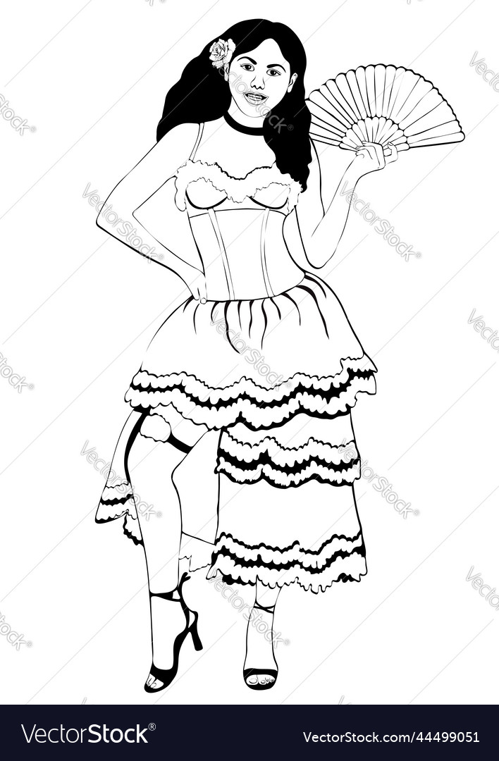 Girl In Spanish National Costume Outline Vector Image