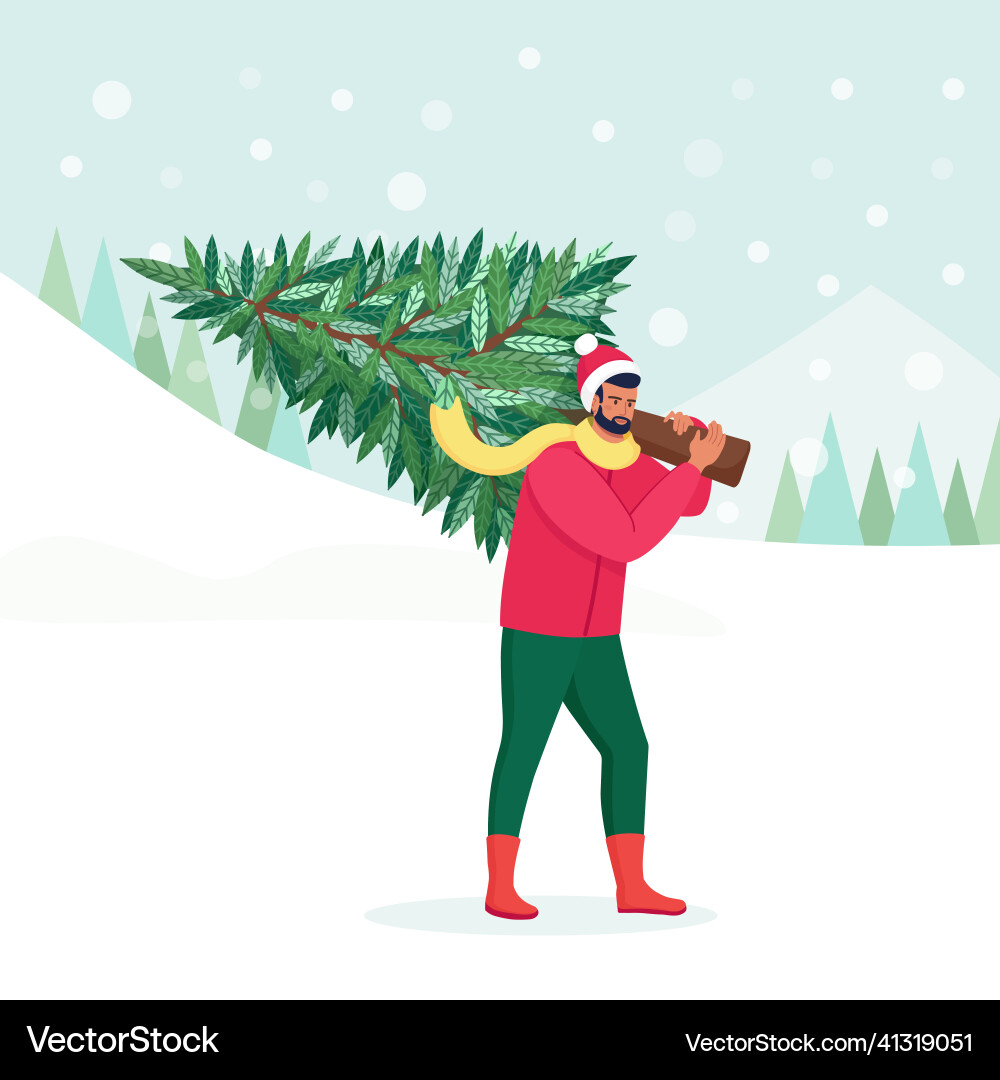Happy man carrying christmas tree on his shoulder Vector Image