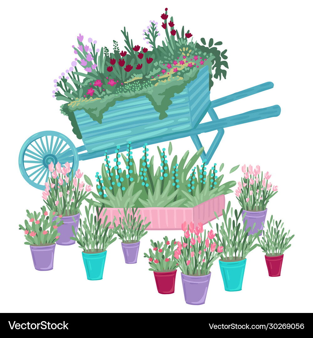 Planted trolley and set a potted plants Royalty Free Vector
