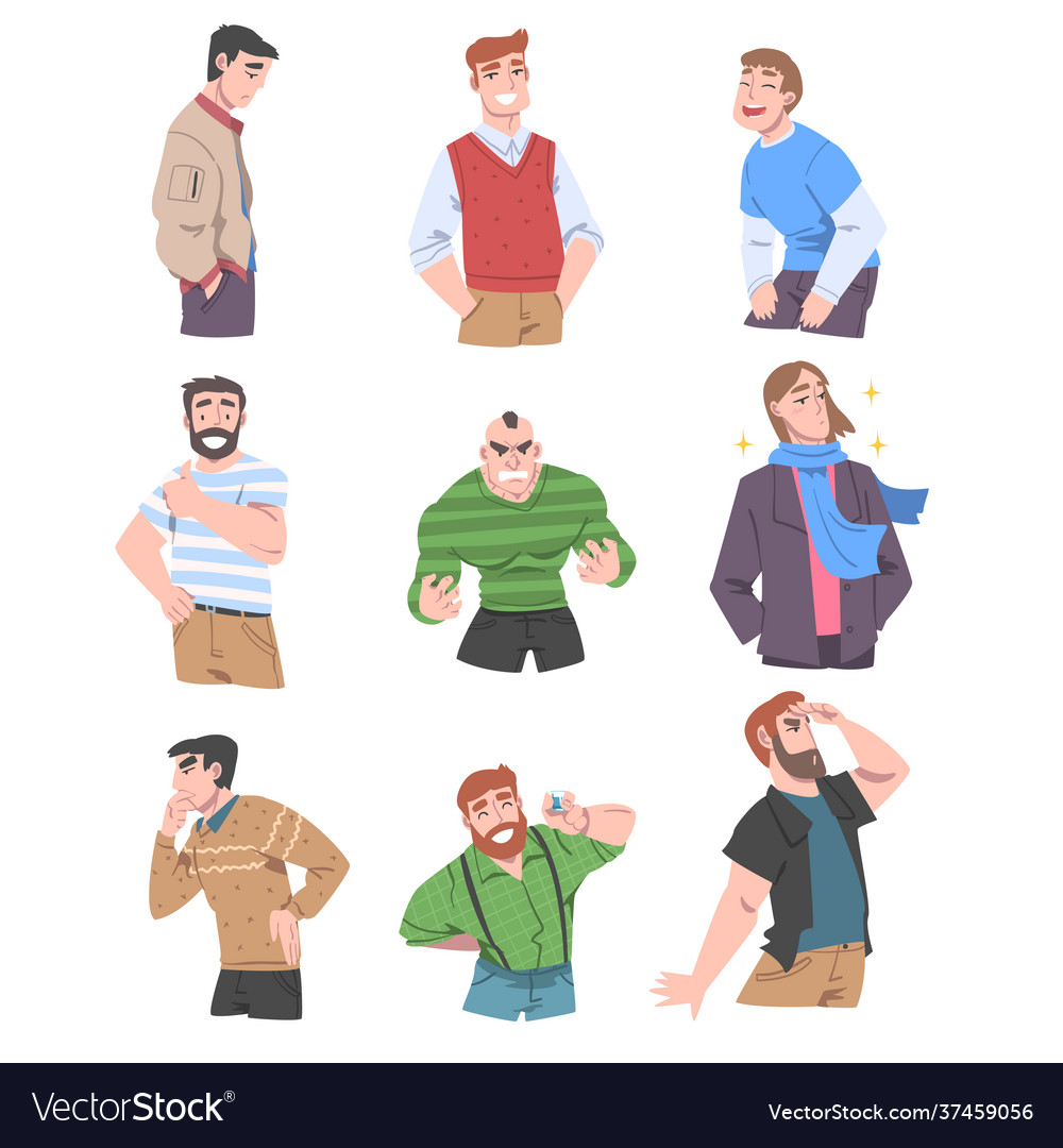 Young men with different emotions set cheerful Vector Image