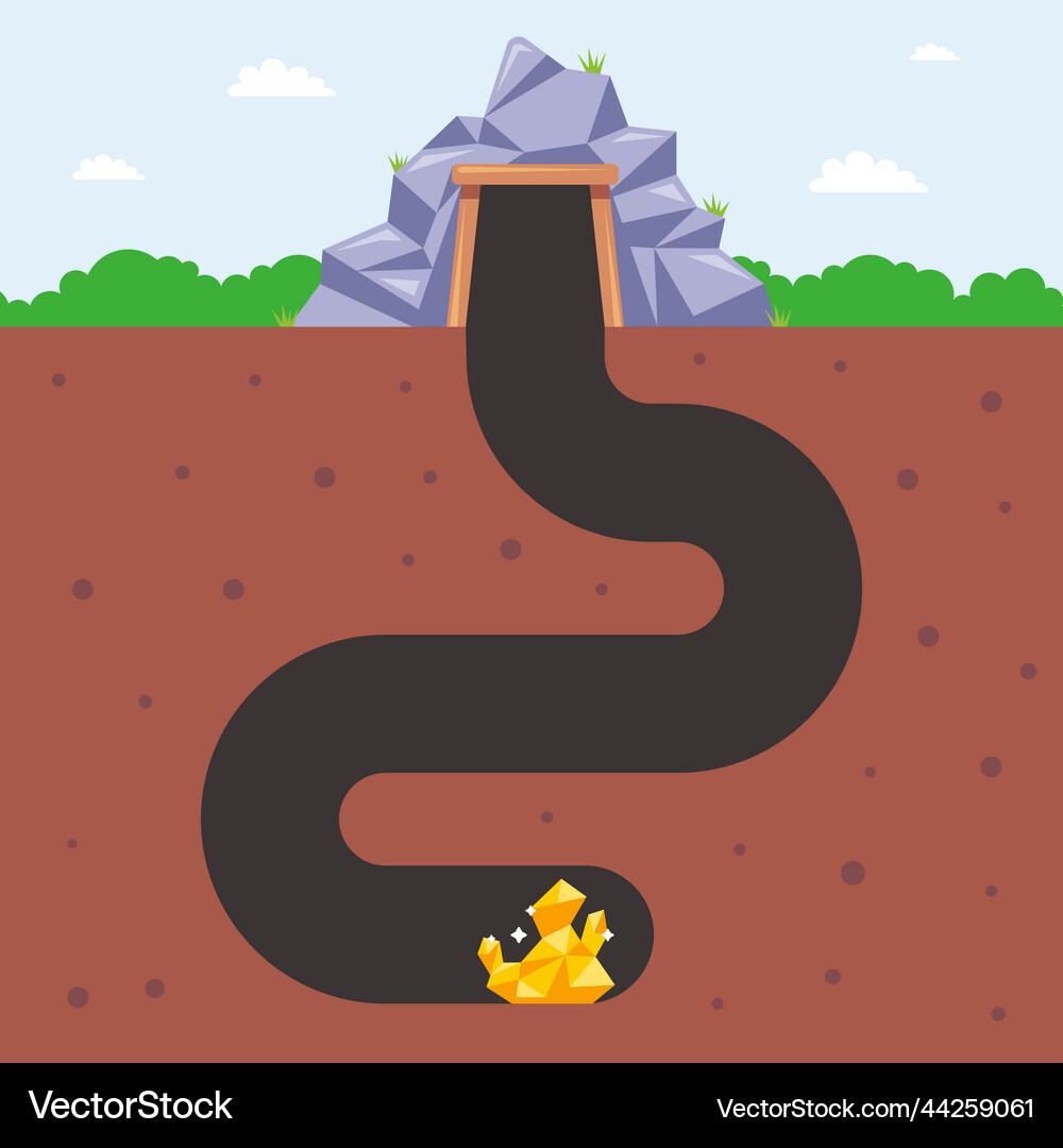 Deep mine with a tunnel and gold ingot Royalty Free Vector