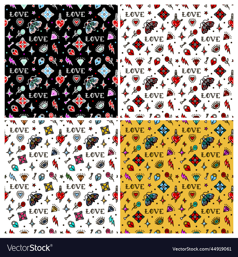 Old School Tattoo Seamless Patterns With Love Vector Image