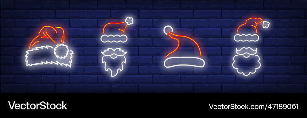 Santa hats and beards neon signs set Royalty Free Vector