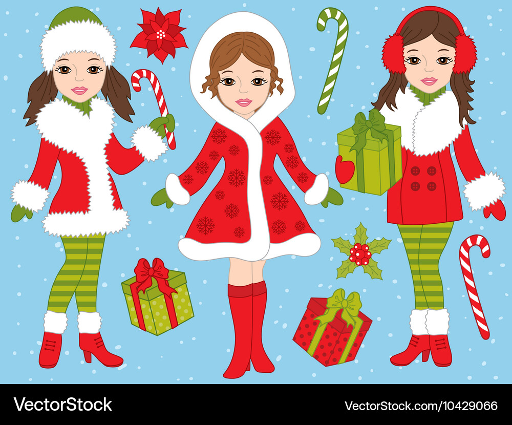 Christmas girls set Royalty Free Vector Image - VectorStock