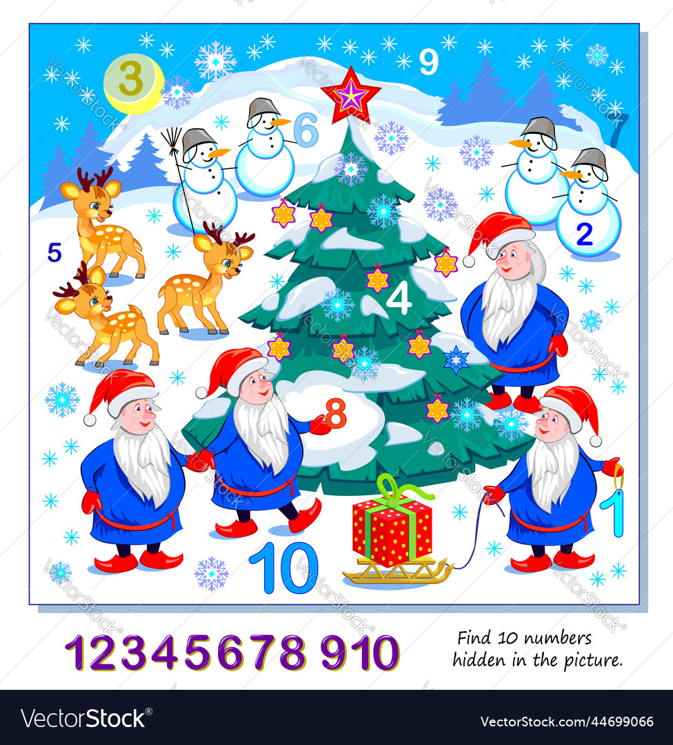 Logic puzzle game for kids find 10 numbers hidden Vector Image