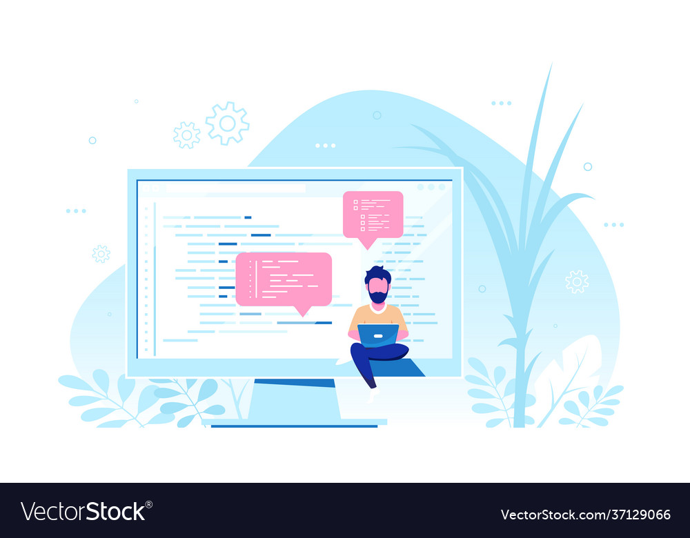 Programmer specialist sitting on big computer Vector Image