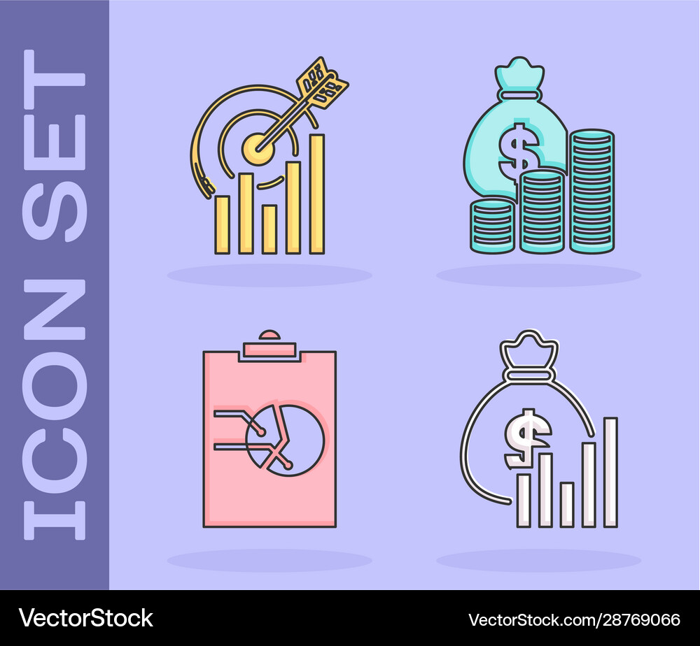 Set money bag and diagram graph target with graph Vector Image
