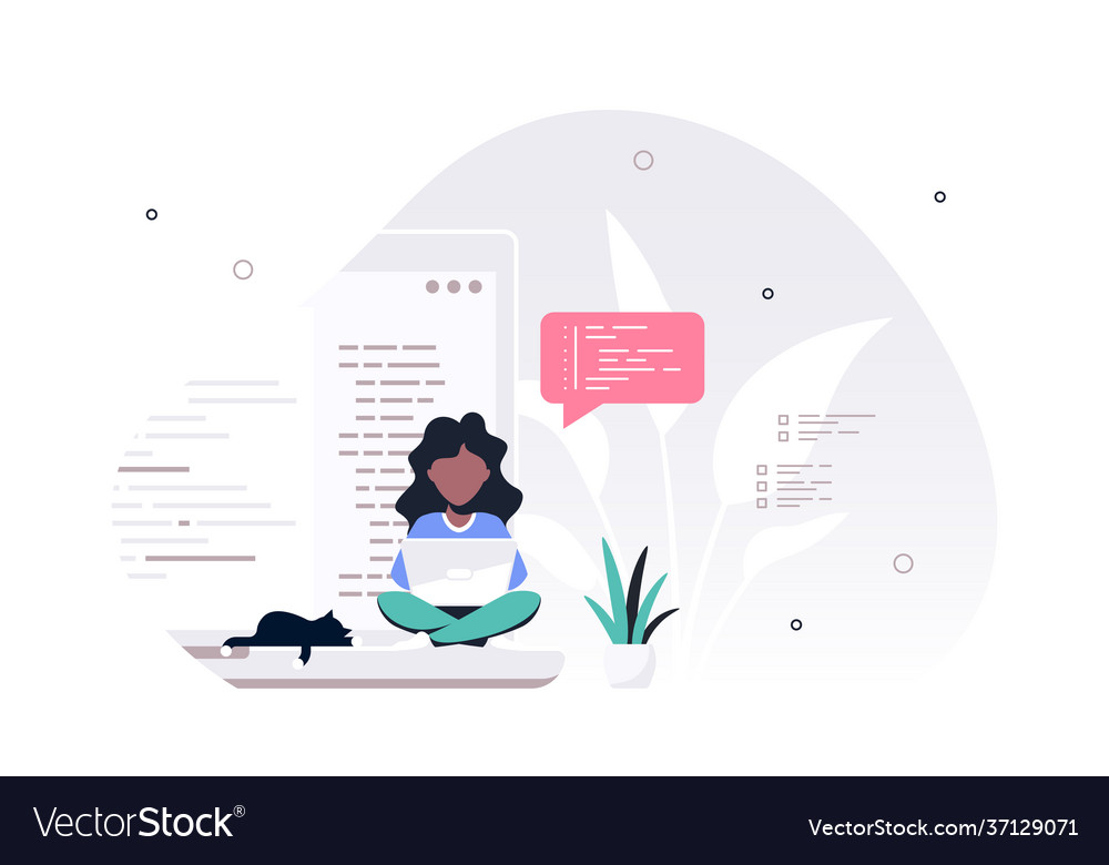 Programmer specialist sitting on big laptop Vector Image