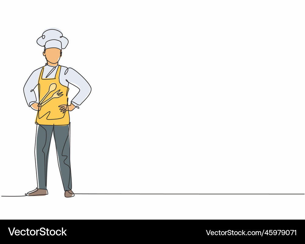 Single continuous line drawing of young male chef Vector Image