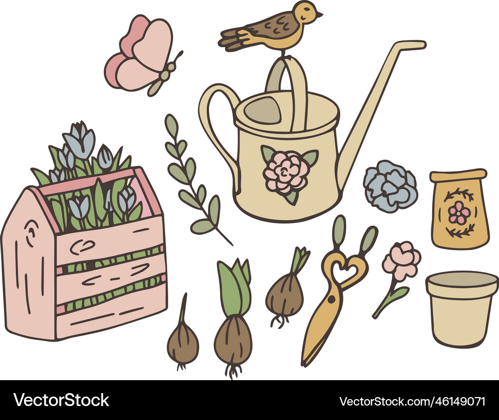 Vintage garden set on white isolated background Vector Image