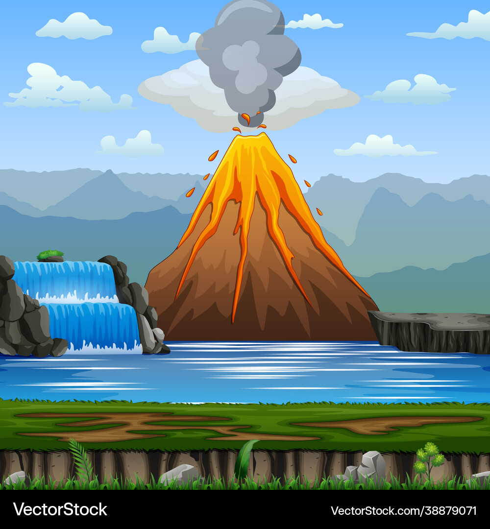 Volcano eruption in a nature scene Royalty Free Vector Image
