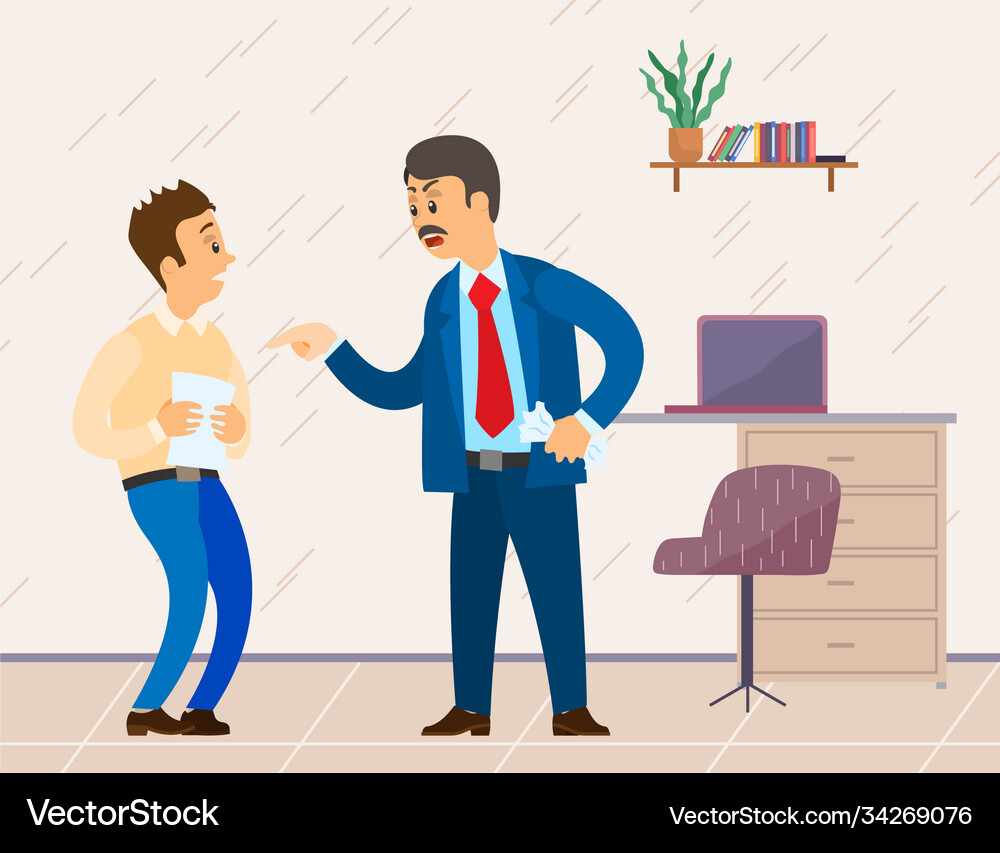 Swearing boss shouting at confused employee Vector Image