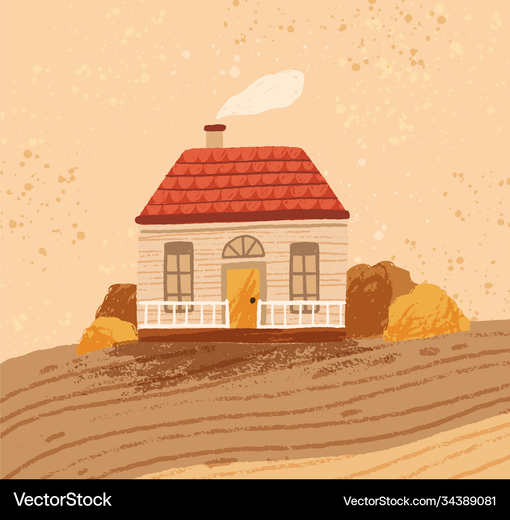 Hand drawn cozy rustic house against landscape Vector Image