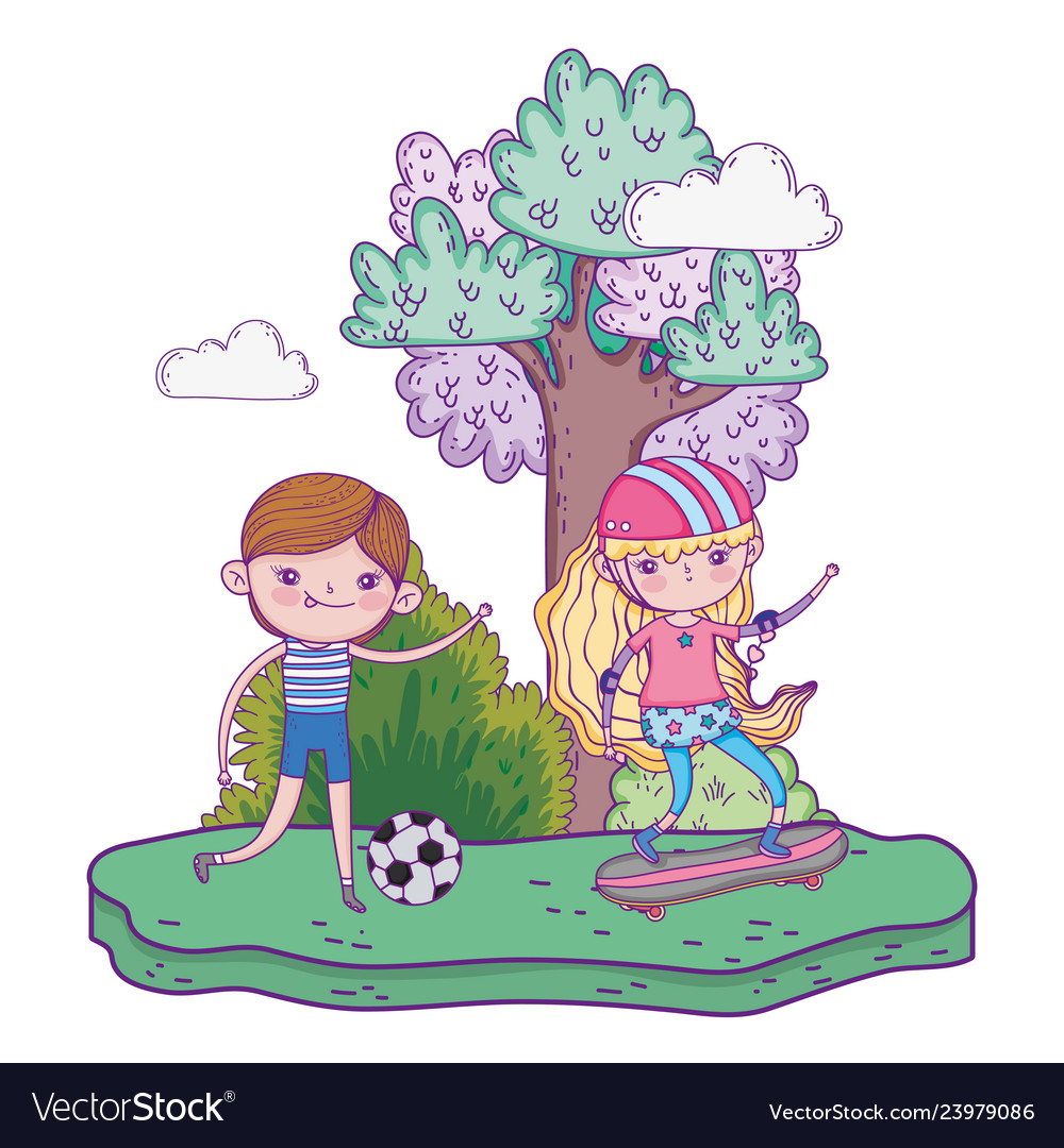 Cute little kids in skateboard and playing soccer Vector Image