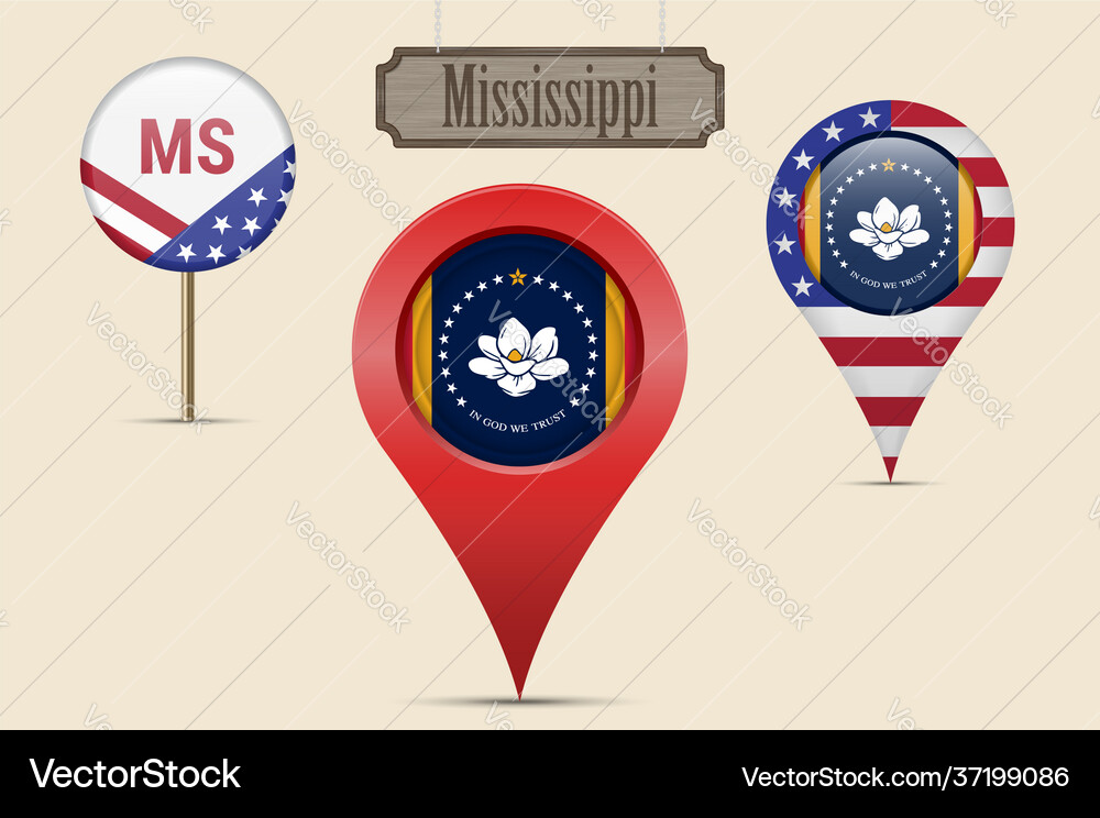 Mississippi us state round flag map pin red Vector Image