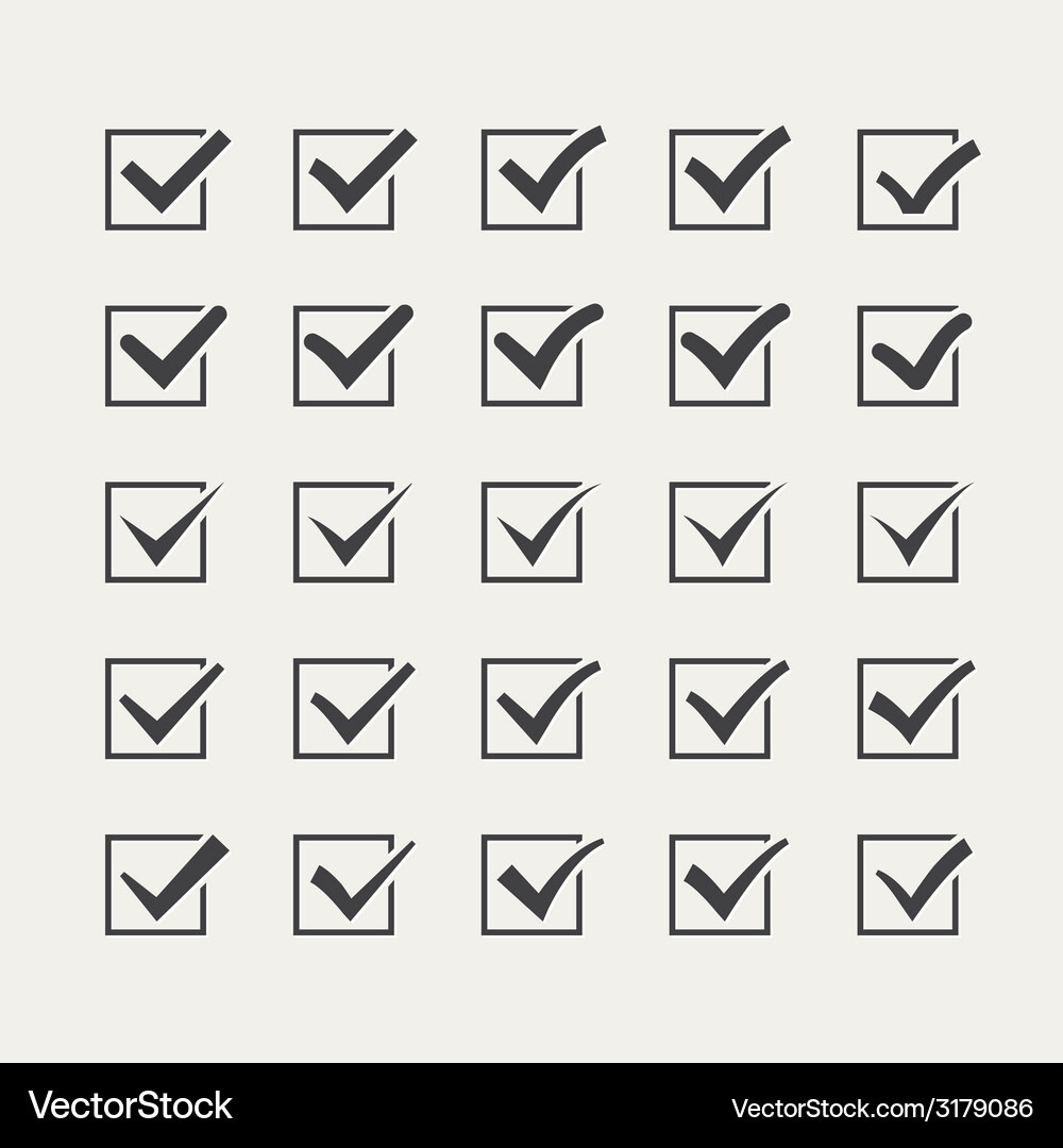 Set of twenty-five different grey ticks or check Vector Image