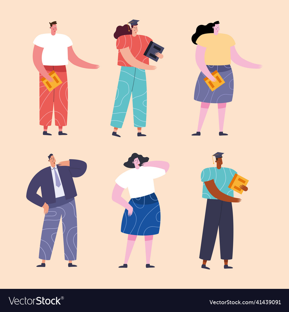Six young students characters Royalty Free Vector Image