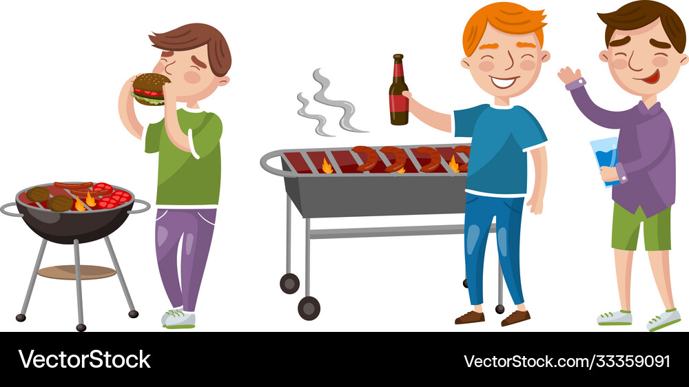Young man having barbecue party grilling meat Vector Image