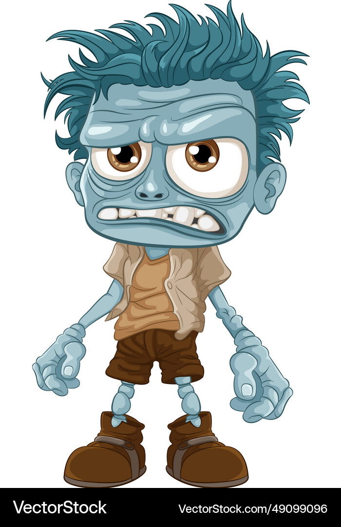 Grumpy zombie man cartoon character with blue skin