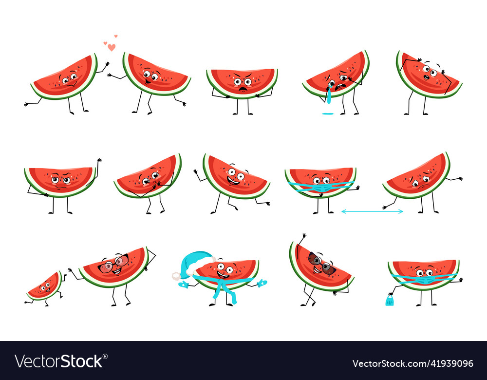 Red watermelon character with emotions Royalty Free Vector