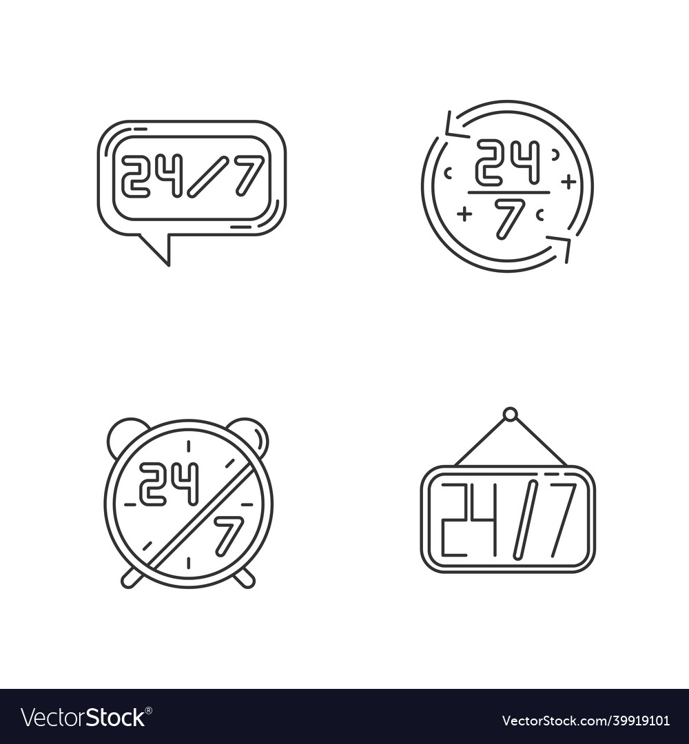 24 7 hour service pixel perfect linear icons set Vector Image