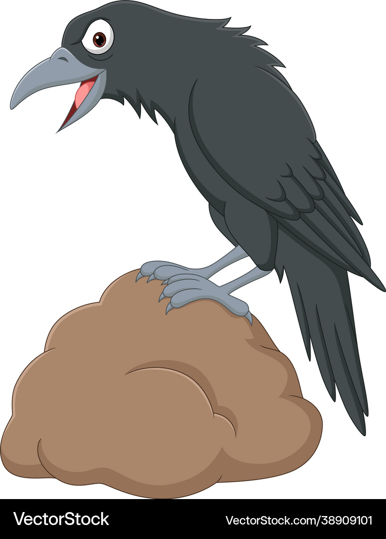 Cartoon crow standing in stone on white background