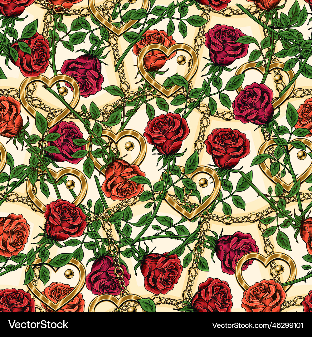 Jewelry pattern with roses golden hearts chains Vector Image