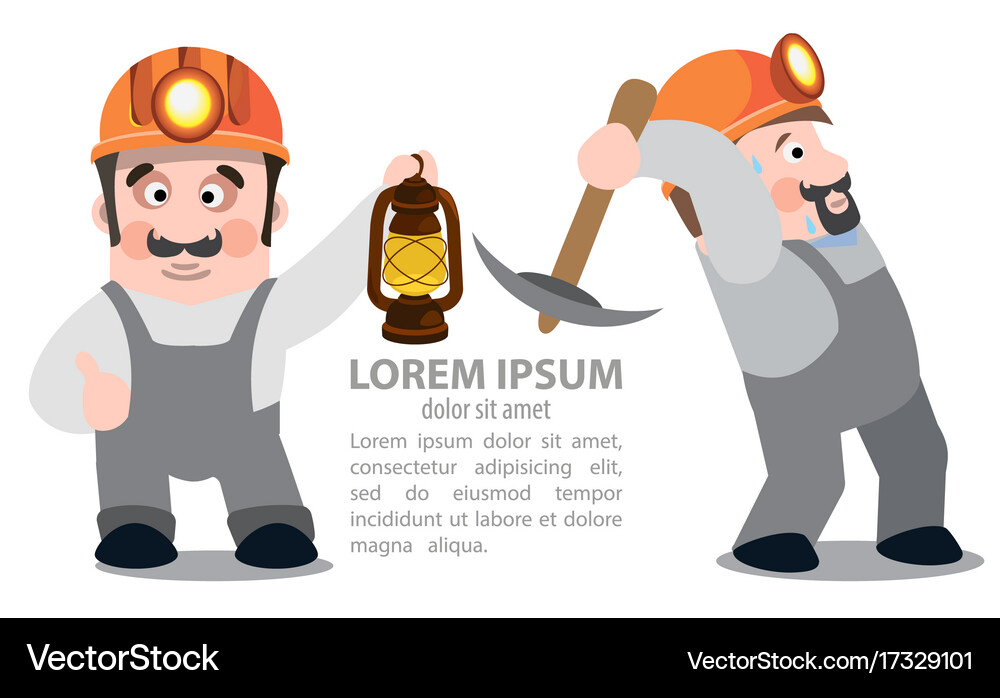 Miners posing with a pickaxe and a kerosene lamp Vector Image