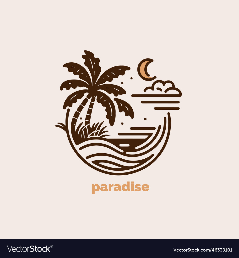 Palm tree and sunset on the beach in linear style Vector Image
