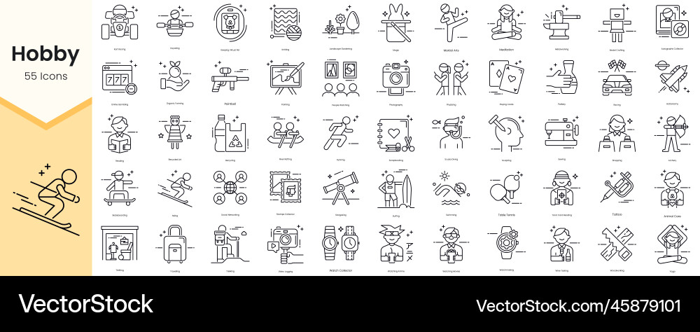 Simple outline set of55 hobby icons thin line Vector Image