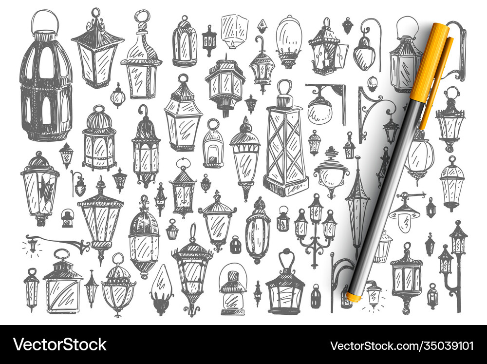 Street lamps doodle set collection Royalty Free Vector Image