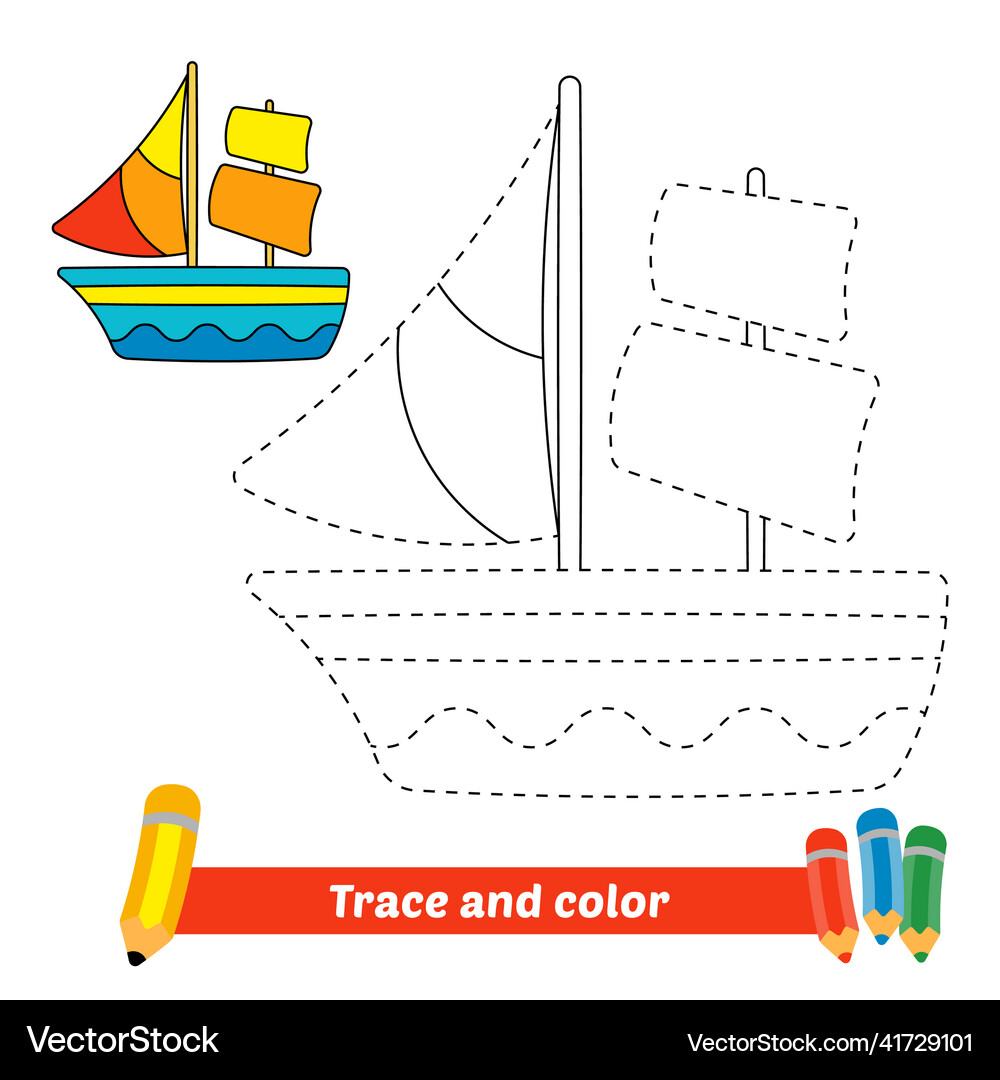 Trace and color for kids ship Royalty Free Vector Image