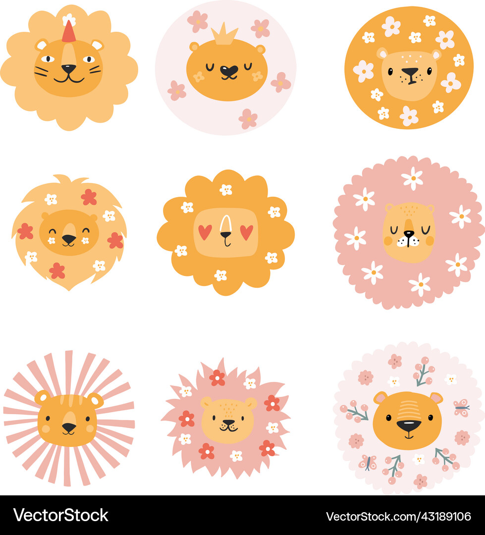 Cute lions with floral modern Royalty Free Vector Image