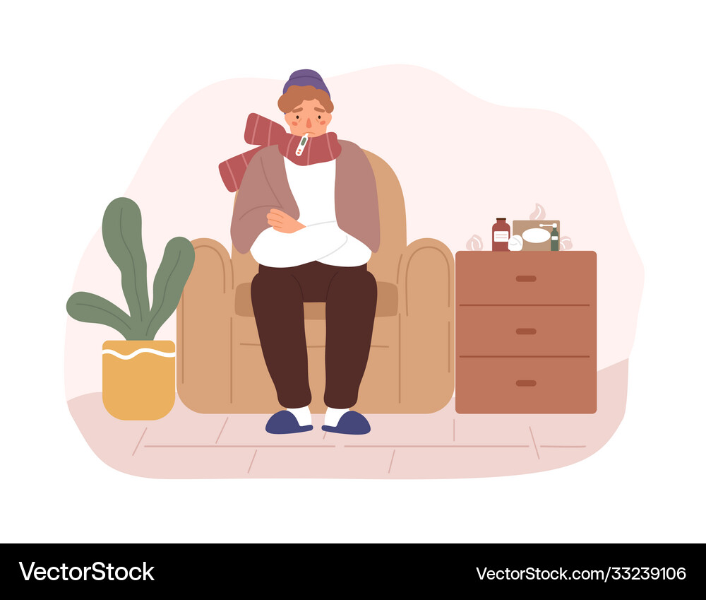 Illness guy sit on armchair with thermometer Vector Image