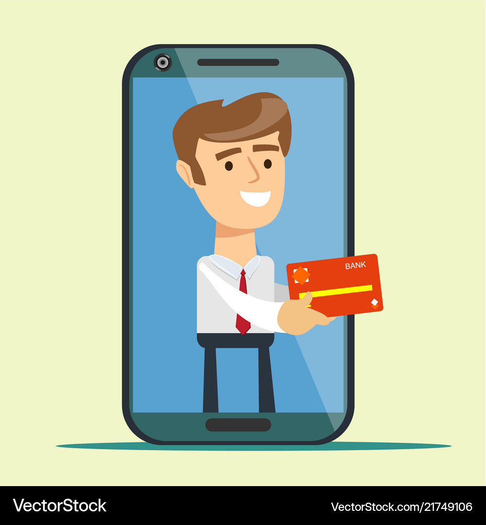 Young man from smartphone screen giving credit Vector Image