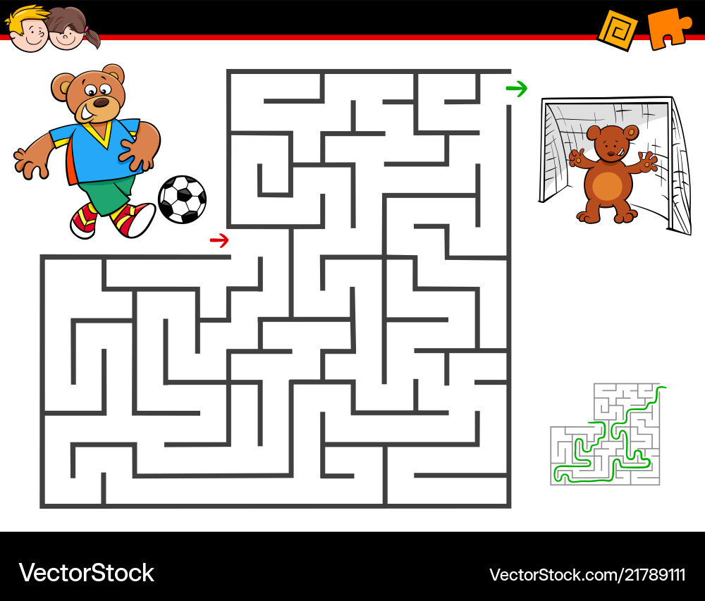 Cartoon maze activity with bear playing soccer Vector Image
