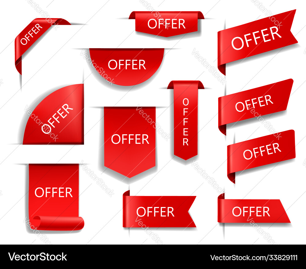 Offer red banners ribbons and labels Royalty Free Vector