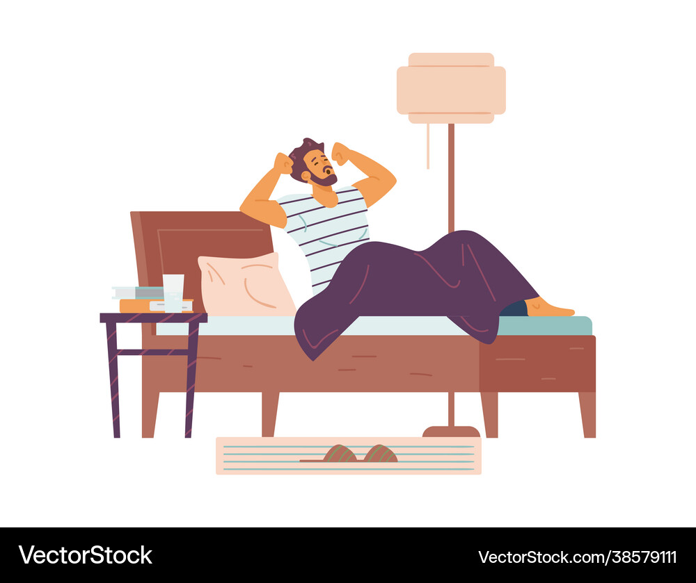 Sleepy young man wake up and stretching in bed Vector Image