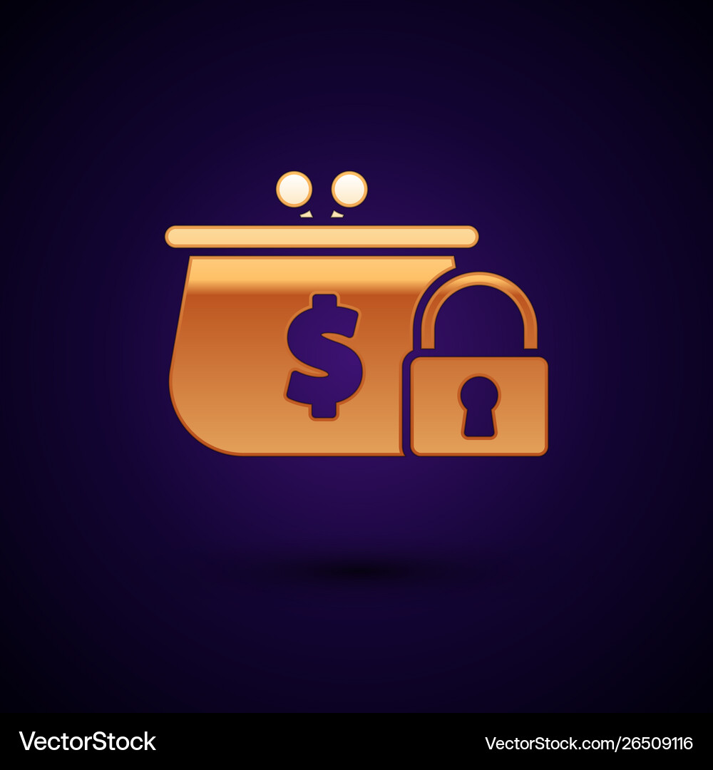 Gold closed wallet with lock icon isolated on dark