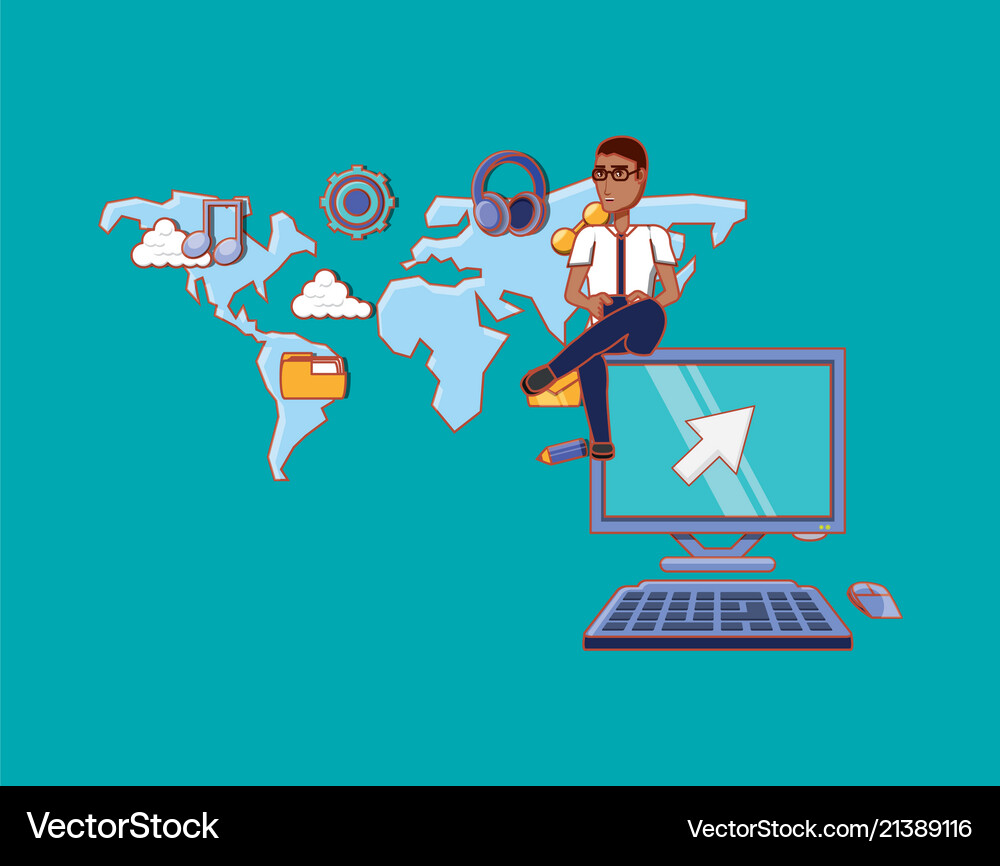 Man sitting on computer with phone social media Vector Image