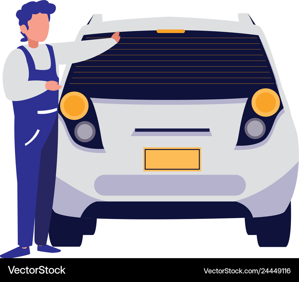 Mechanic worker with car vehicle Royalty Free Vector Image