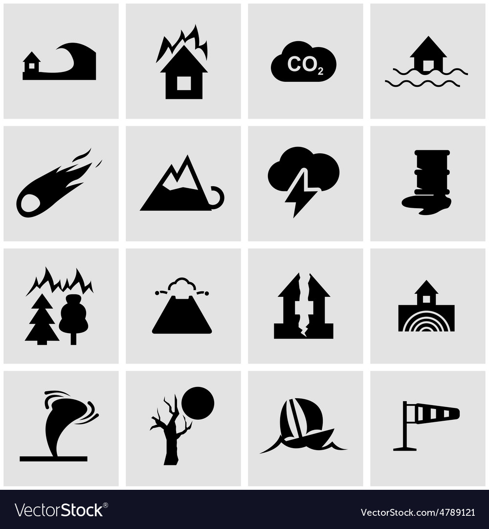 Black disaster icon set Royalty Free Vector Image