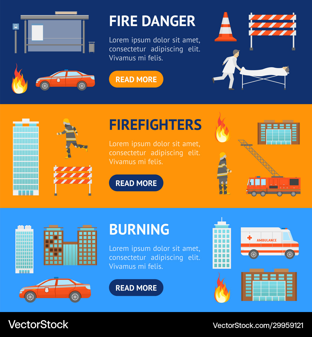 Cartoon firefighting in city banner horizontal set