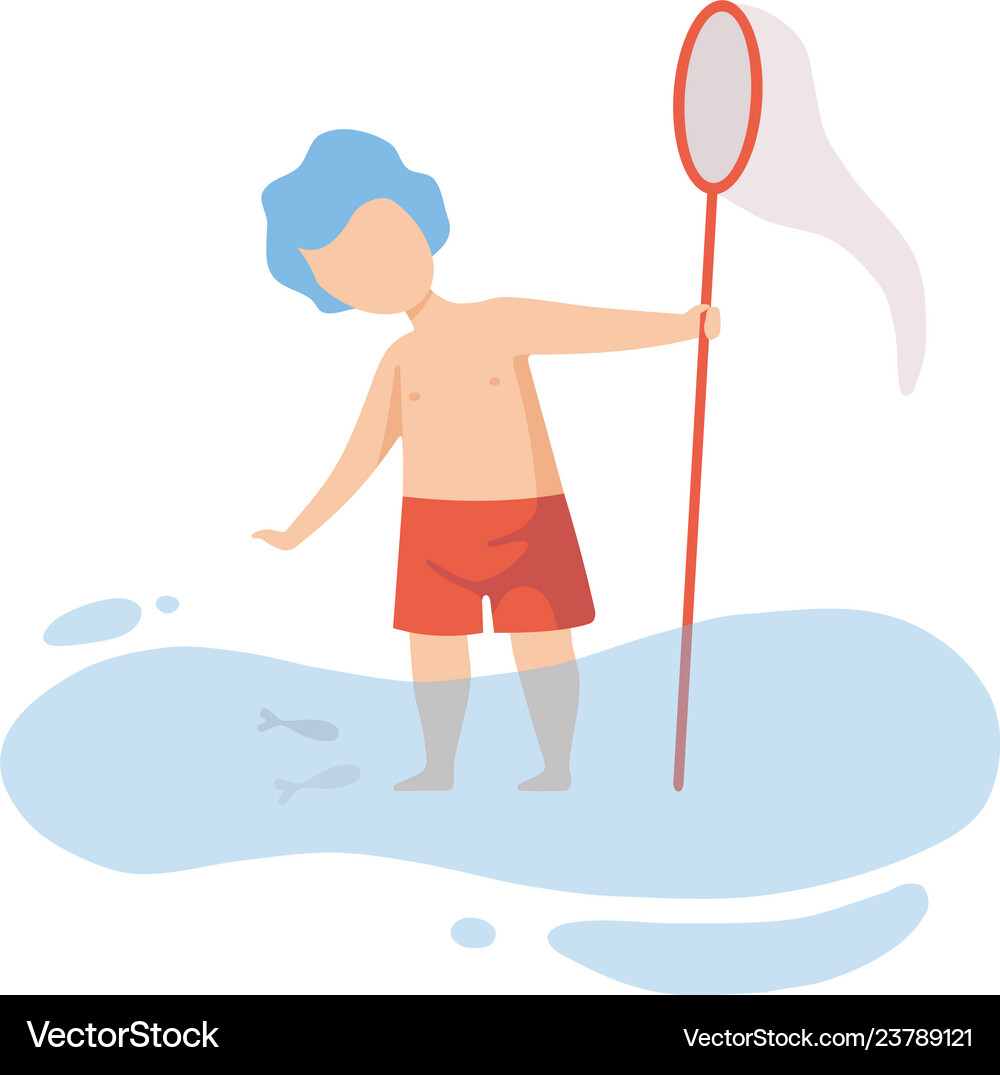 Cute boy standing in water and playing with Vector Image