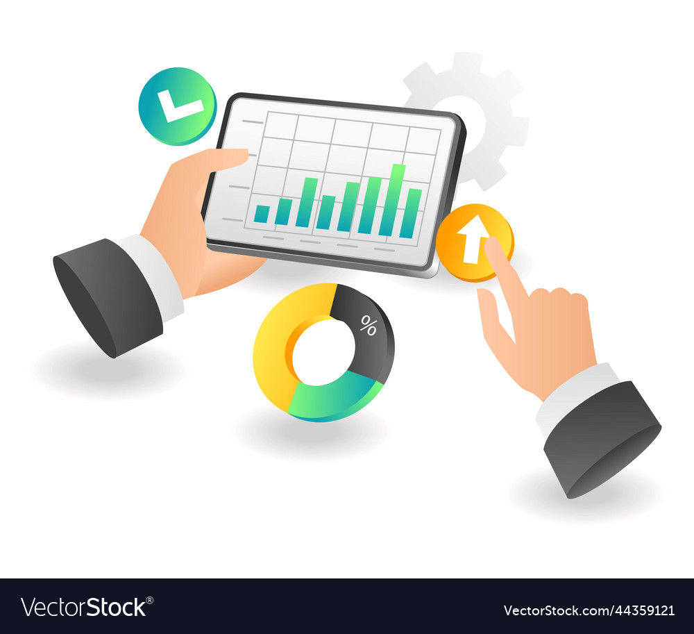 Flat isometric concept hand analyzing data Vector Image