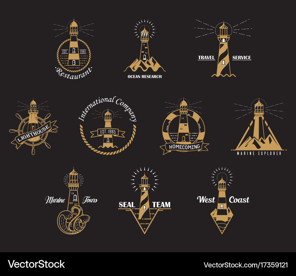 Set of isolated lighthouse icons with rocks Vector Image