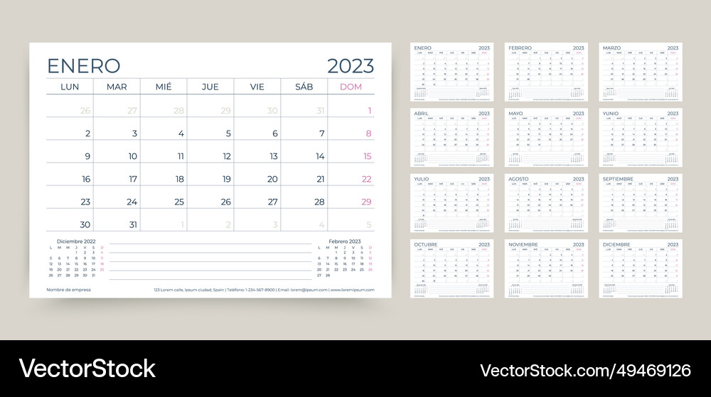 2023 year calendar spanish planner template desk Vector Image