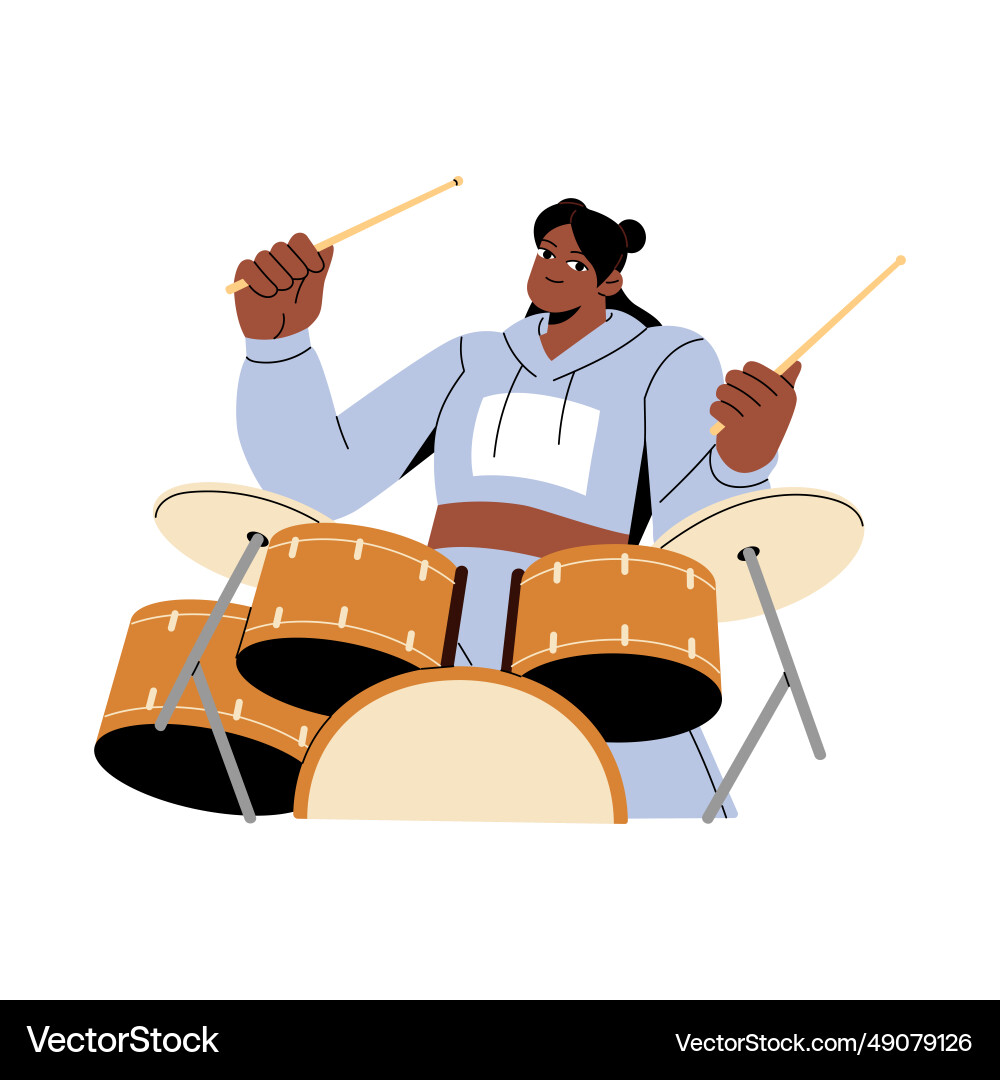 Musician sitting at drum kit drummer perform Vector Image